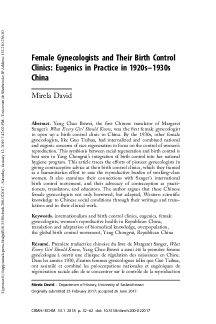 (PDF) Female Gynecologists and Their Birth Control Clinics: Eugenics in ...