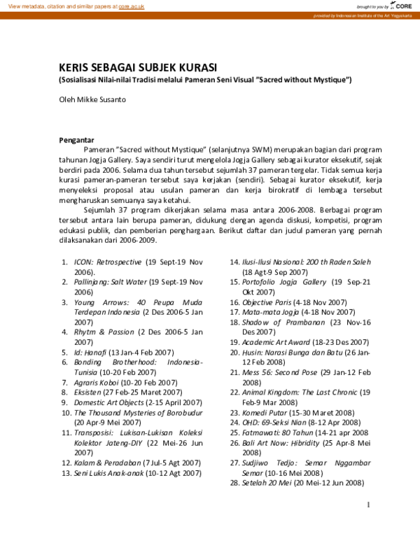 (PDF) Keris Sebagai Subjek Kurasi (Sosialisasi Nilai-nilai Tradisi melalui Pameran Seni Visual ...