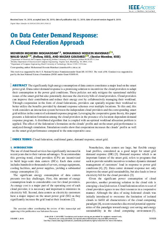 (PDF) On Data Center Demand Response: A Cloud Federation Approach