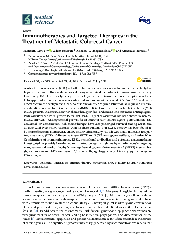 (PDF) Immunotherapies and Targeted Therapies in the Treatment of Metastatic Colorectal Cancer
