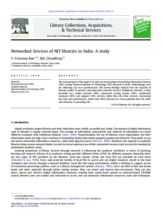 (PDF) Networked Services of NIT libraries in India: A study
