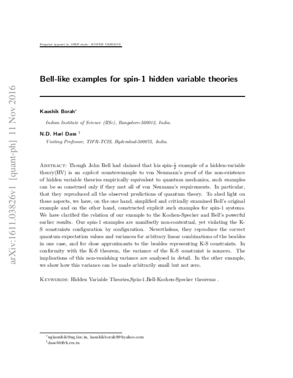 (PDF) Bell-like examples for spin-1 hidden variable theories