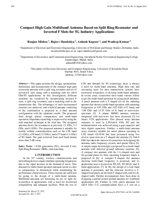 Pdf Compact High Gain Multiband Antenna Based On Split Ring Resonator And Inverted F Slots For