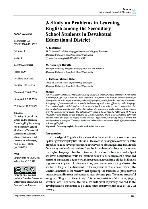 (PDF) A Study on Problems in Learning English among the Secondary ...