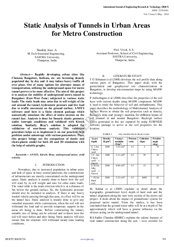 (PDF) Static Analysis of Tunnels in Urban Areas for Metro Construction