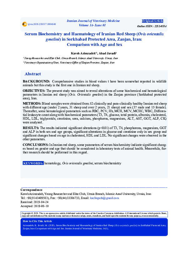 (PDF) Serum biochemistry and Haematology of Iranian red sheep (Ovis ...