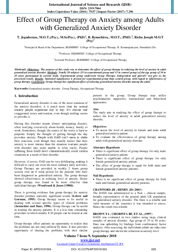 (PDF) Effect of Group Therapy on Anxiety among Adults with Generalized ...