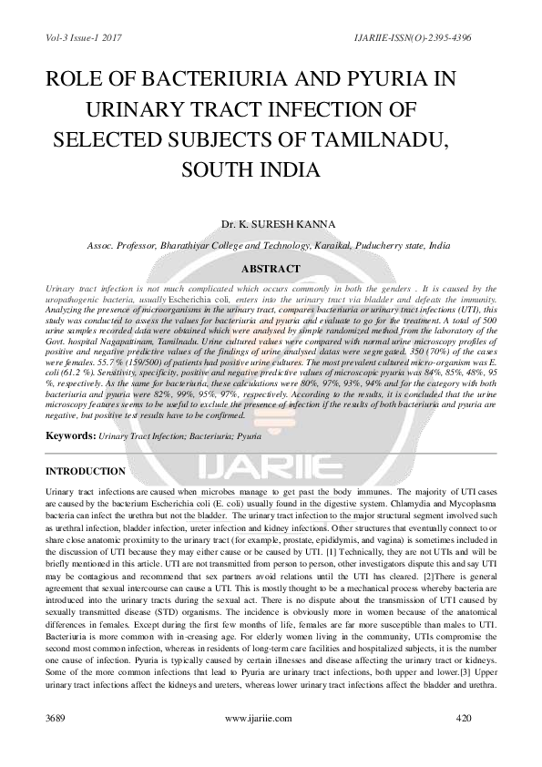 Pdf Role Of Bacteriuria And Pyuria In Urinary Tract Infection Of Selected Subjects Of