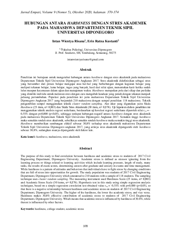 (PDF) Hubungan Antara Hardiness Dengan Stres Akademik Pada Mahasiswa Departemen Teknik Sipil ...
