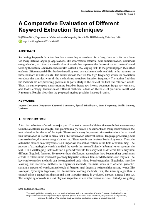 Pdf A Comparative Evaluation Of Different Keyword Extraction Techniques Raj Kishor Bisht