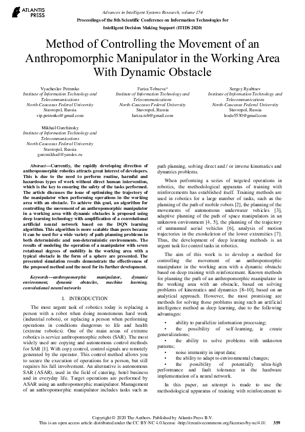 (PDF) Method of Controlling the Movement of an Anthropomorphic Manipulator in the Working Area ...