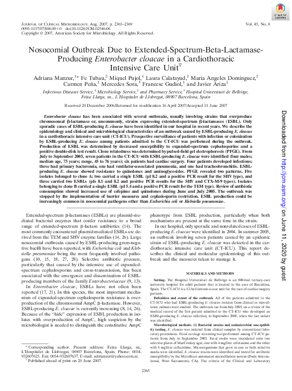 (PDF) Nosocomial outbreak due to extended spectrum beta lactamase ...