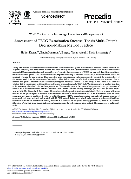 (PDF) Assessment of TEOG Examination Success: Topsis Multi-Criteria ...