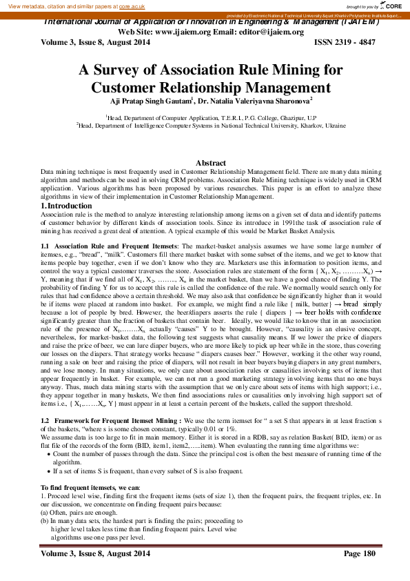 (PDF) A Survey of Association Rule Mining for Customer Relationship Management