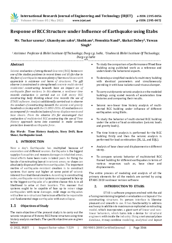 (PDF) Response of RCC Structure under Influence of Earthquake using Etabs