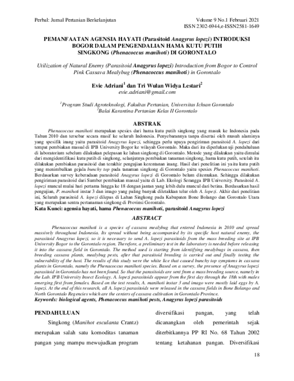 (PDF) PEMANFAATAN AGENSIA HAYATI (Parasitoid Anagyrus lopezi ...