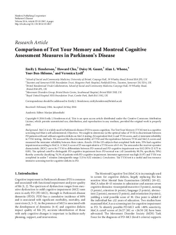 (PDF) Comparison of Test Your Memory and Montreal Cognitive Assessment ...