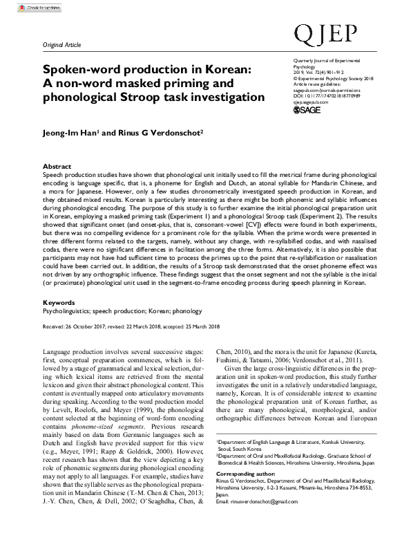 (PDF) Spoken-word production in Korean: A non-word masked priming and ...