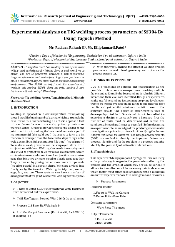 Pdf Experimental Analysis On Tig Welding Process Parameters Of Ss304 By Using Taguchi Method