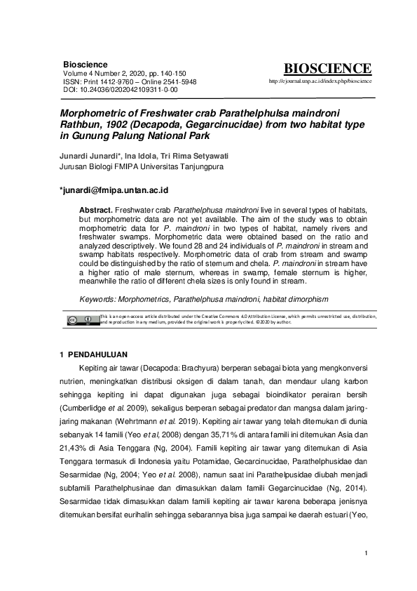 (PDF) Morfometri Kepiting Air Tawar Parathelphulsa maindroni Dari Dua ...