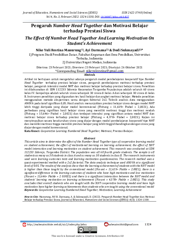 (PDF) Pengaruh Number Head Together dan Motivasi Belajar terhadap Prestasi Siswa