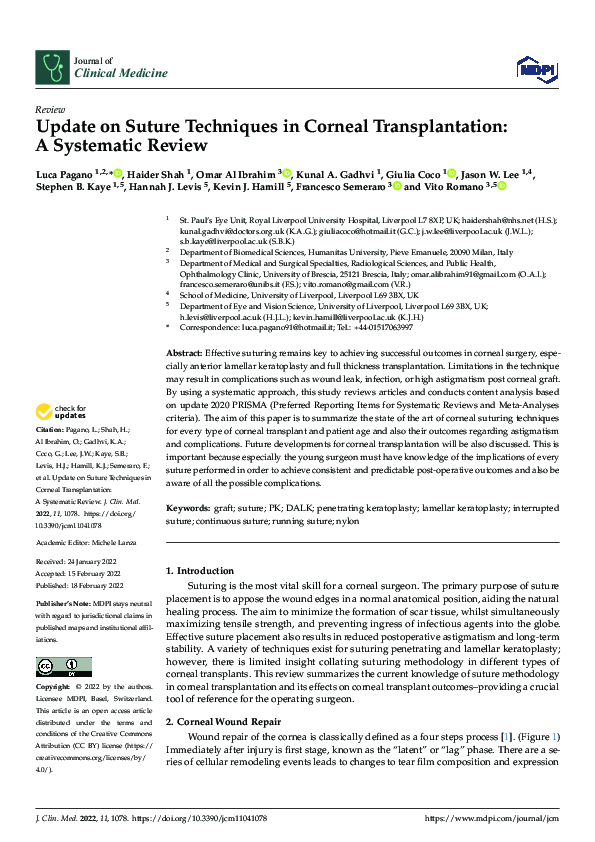 (PDF) Update on Suture Techniques in Corneal Transplantation: A Systematic Review