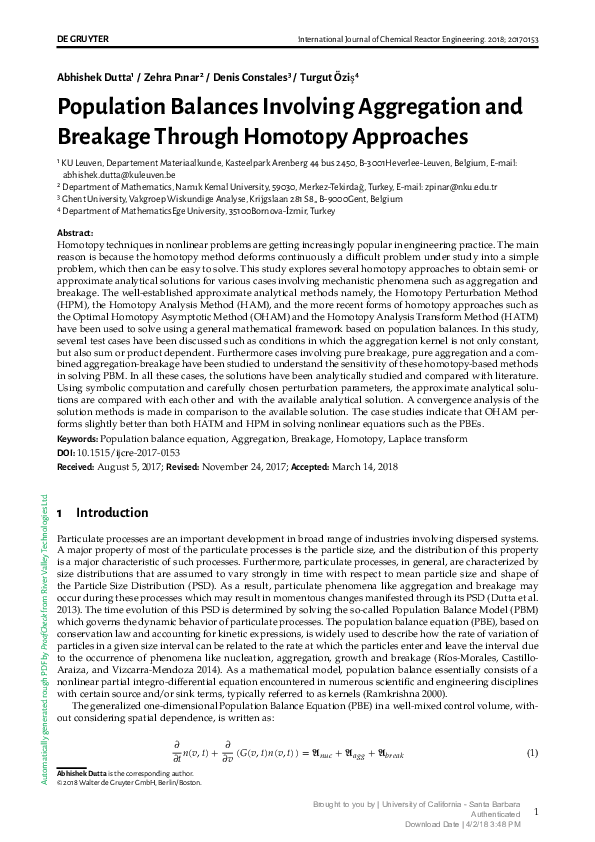 (PDF) Population Balances Involving Aggregation and Breakage Through Homotopy Approaches