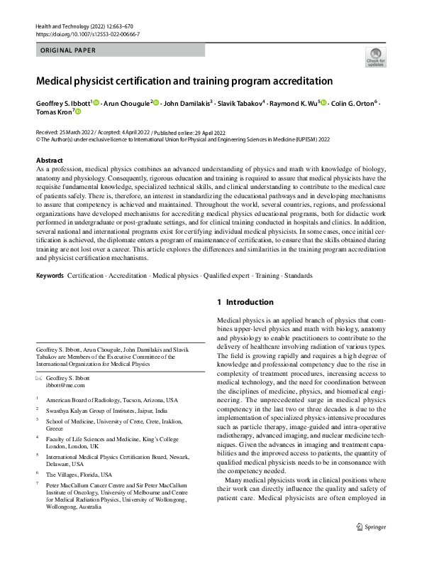 (PDF) Medical physicist certification and training program accreditation