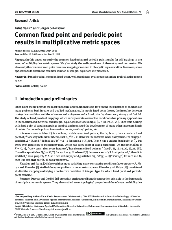 (PDF) Common fixed point and periodic point results in multiplicative metric spaces