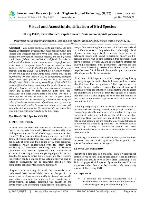 (PDF) Visual and Acoustic Identification of Bird Species