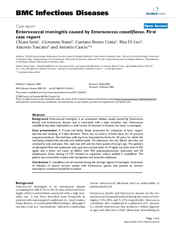 (PDF) Enterococcal meningitis caused by Enterococcus casseliflavus. First case report