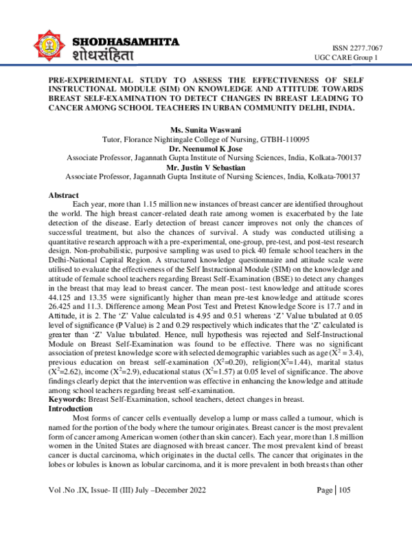 (PDF) PRE-EXPERIMENTAL STUDY TO ASSESS THE EFFECTIVENESS OF SELF ...