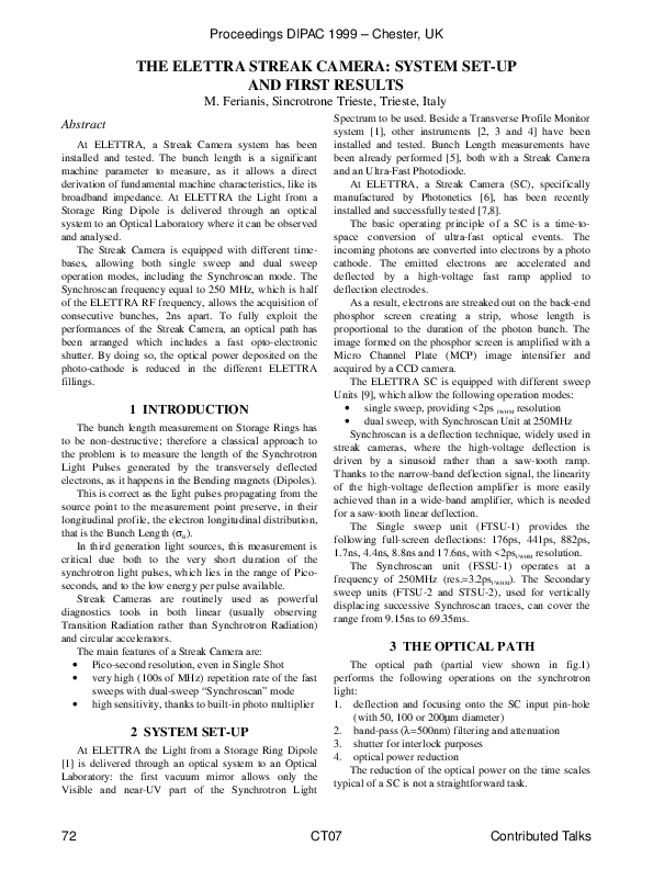(PDF) The Elettra Streak Camera: System Set-Up and First Results