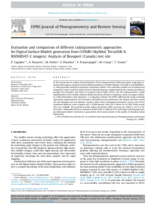 Pdf Evaluation And Comparison Of Different Radargrammetric Approaches For Digital Surface