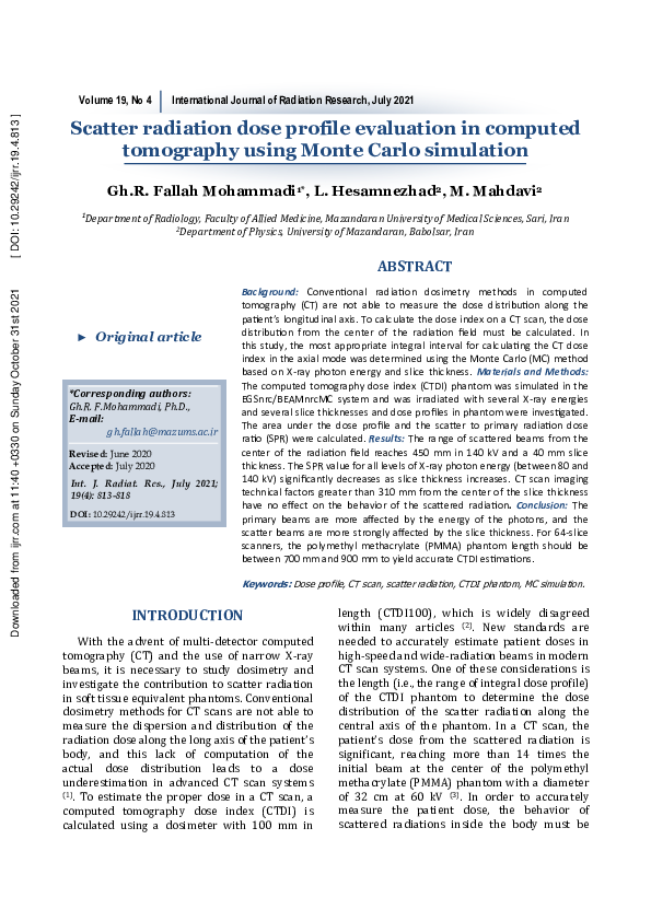 (PDF) Scatter radiation dose profile evaluation in computed tomography using Monte Carlo simulation
