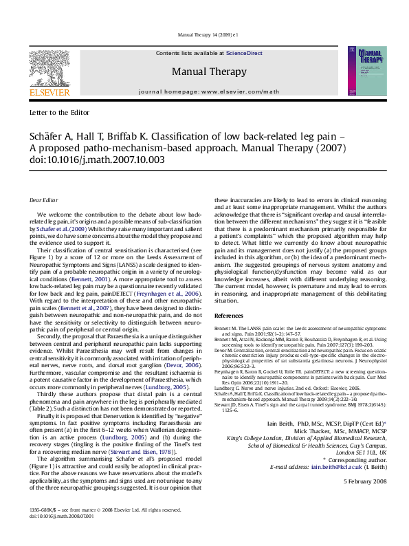 (PDF) Schäfer A, Hall T, Briffab K. Classification of low back-related ...