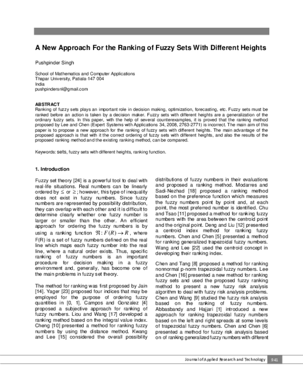 (PDF) A New Approach For the Ranking of Fuzzy Sets With Different Heights