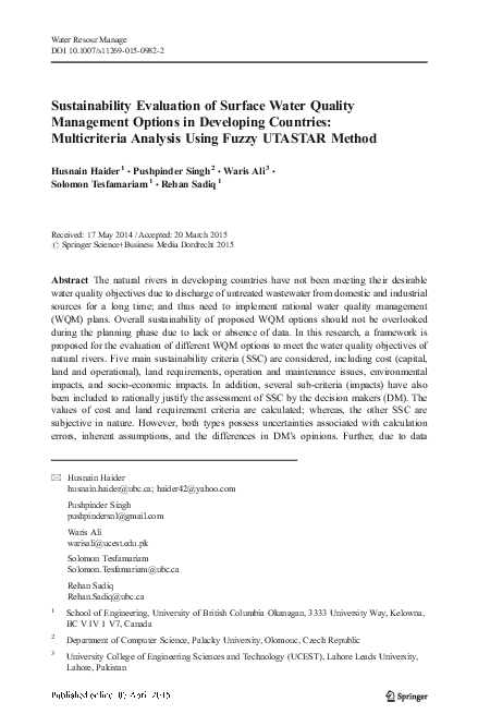 (PDF) Sustainability Evaluation of Surface Water Quality Management ...