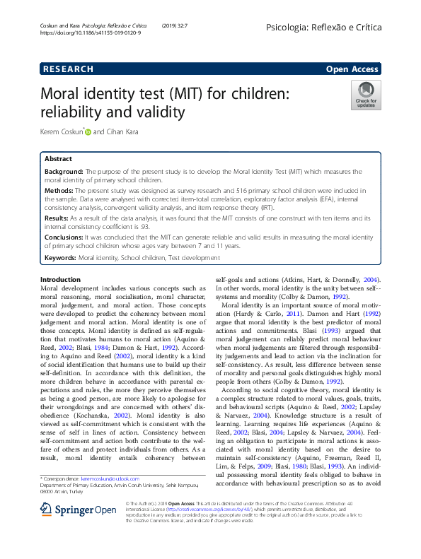 (PDF) Moral identity test (MIT) for children: reliability and validity