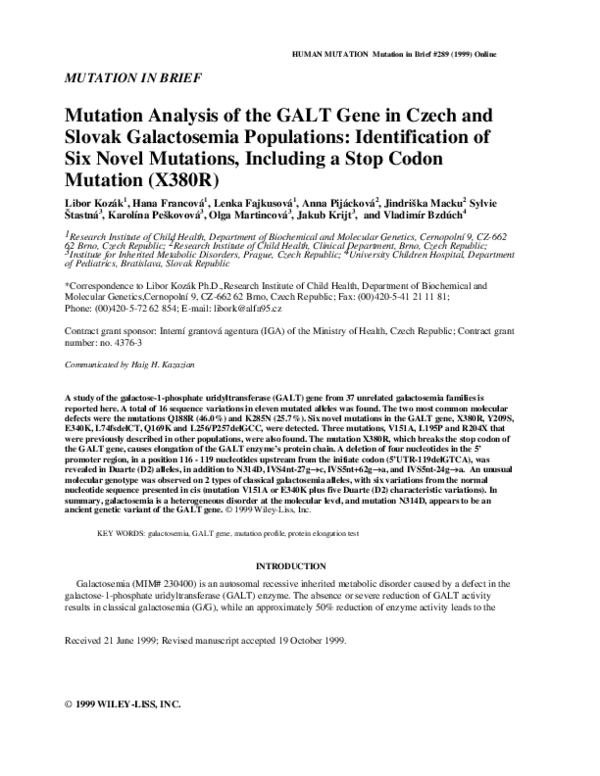 (PDF) Mutation analysis of the GALT gene in Czech and Slovak ...