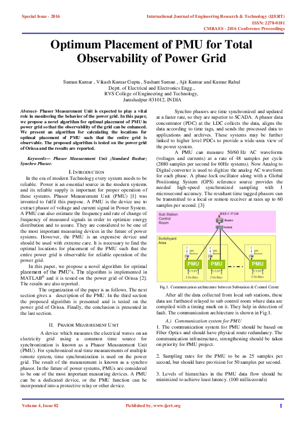 Pdf Optimum Placement Of Pmu For Total Observability Of Power Grid Vikash Kumar Gupta