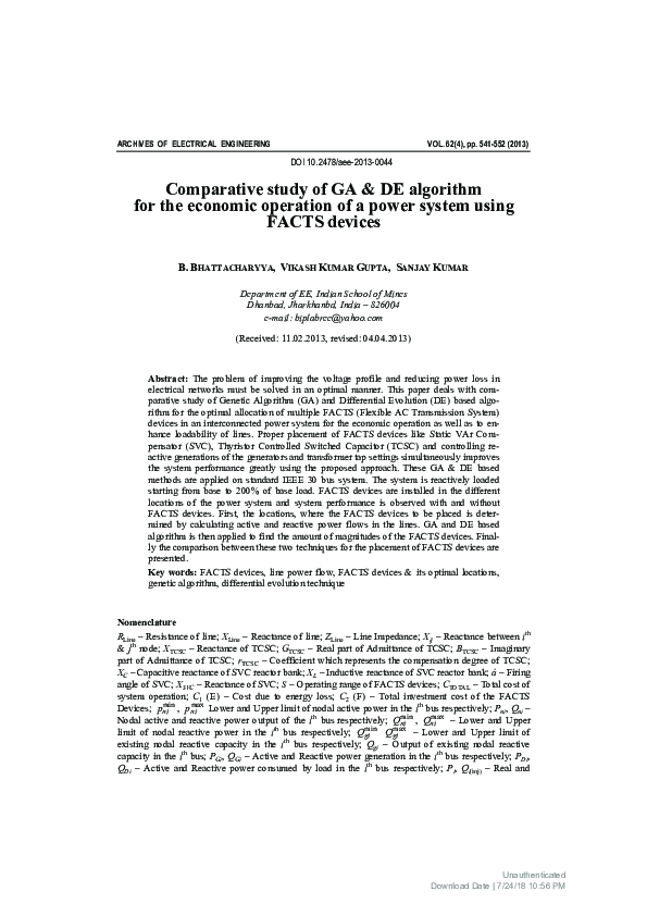 (PDF) Comparative study of GA & DE algorithm for the economic operation of a power system using ...