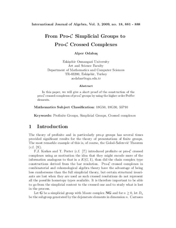 (PDF) From Pro-C Simplicial Groups to Pro-C Crossed Complexes
