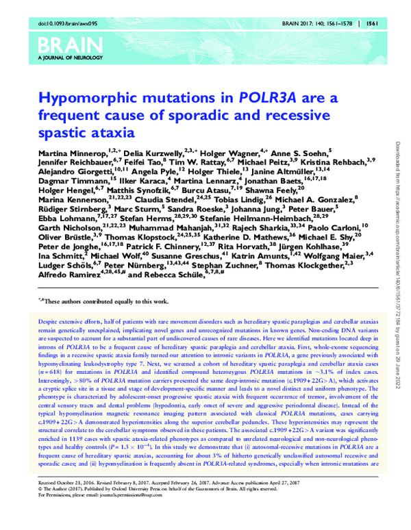 (PDF) Hypomorphic mutations in POLR3A are a frequent cause of sporadic and recessive spastic ataxia