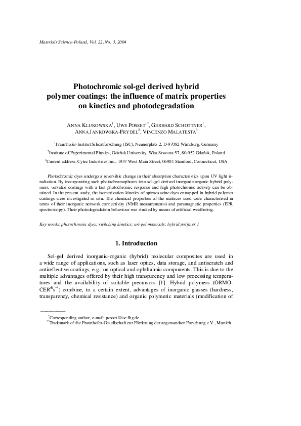 (PDF) Photochromic sol-gel derived hybrid polymer coatings: the ...