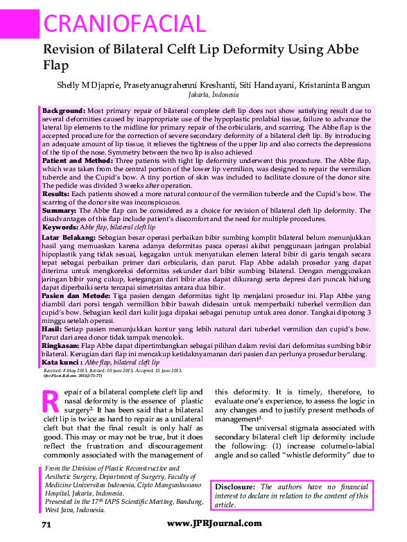 (PDF) Revision of Bilateral Celft Lip Deformity Using Abbe Flap | Siti ...