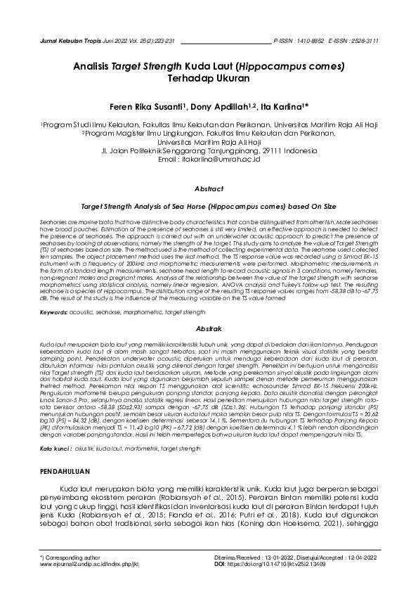 (PDF) Analisis Target strength Kuda Laut (Hippocampus comes) Terhadap ...