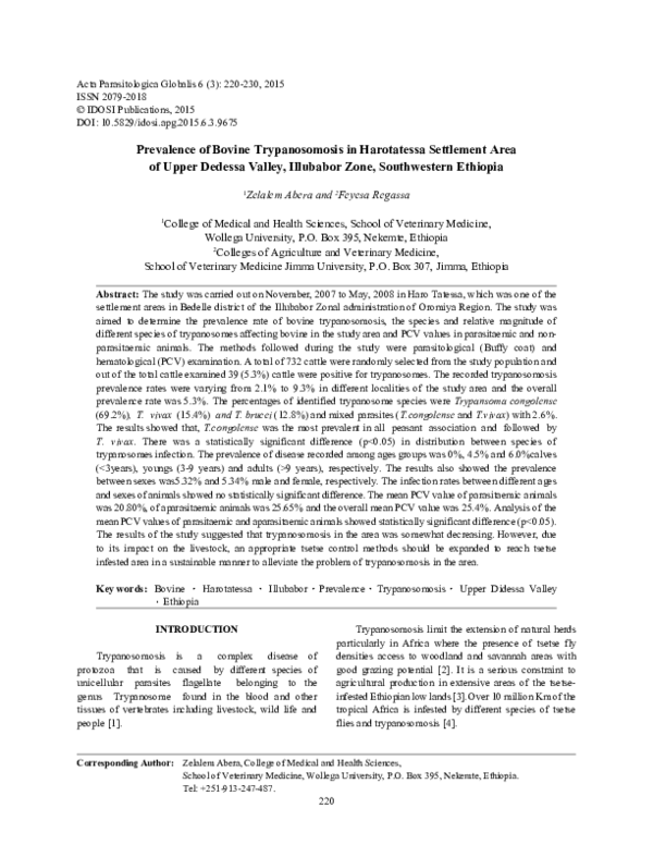 (PDF) Prevalence of Bovine Trypanosomosis in Harotatessa Settlement ...