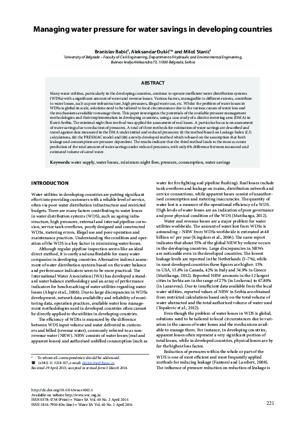 (PDF) Managing water pressure for water savings in developing countries
