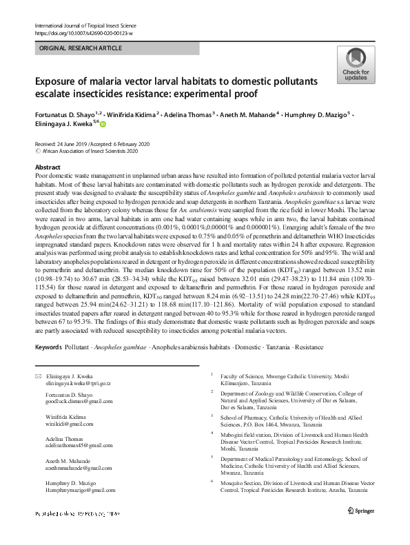 (PDF) Exposure of malaria vector larval habitats to domestic pollutants escalate insecticides ...